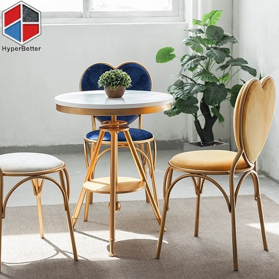 Heart style gold metal coffee shop chair |Marble Stone table